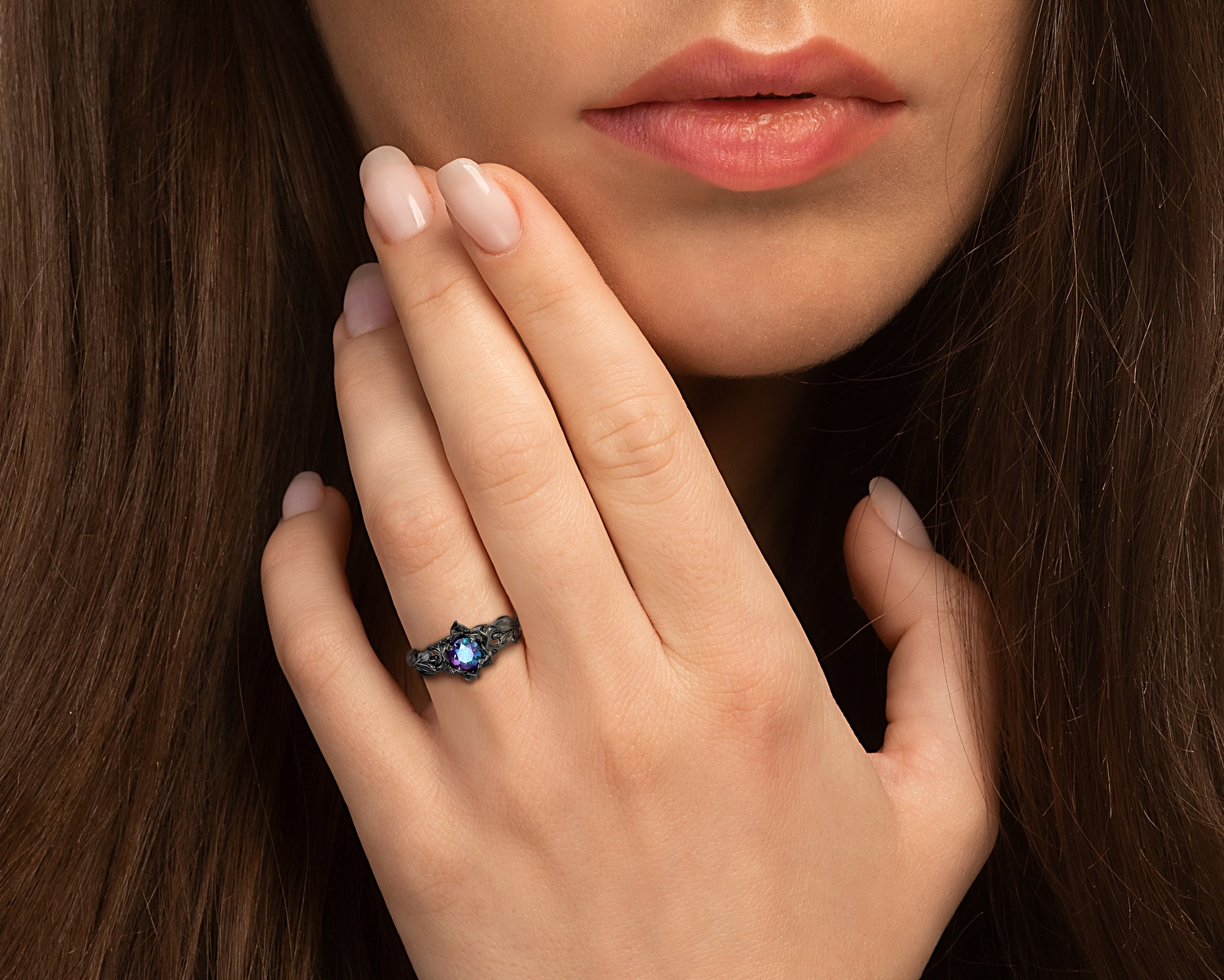Black Alexandrite Lotus Flower Engagement Ring │Vidar Boutique